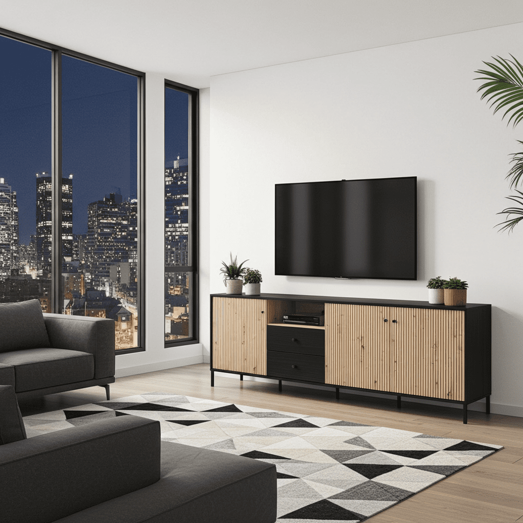 Correze Slatted Artisan Oak Effect And Black Wide TV Unit Cabinet With ...
