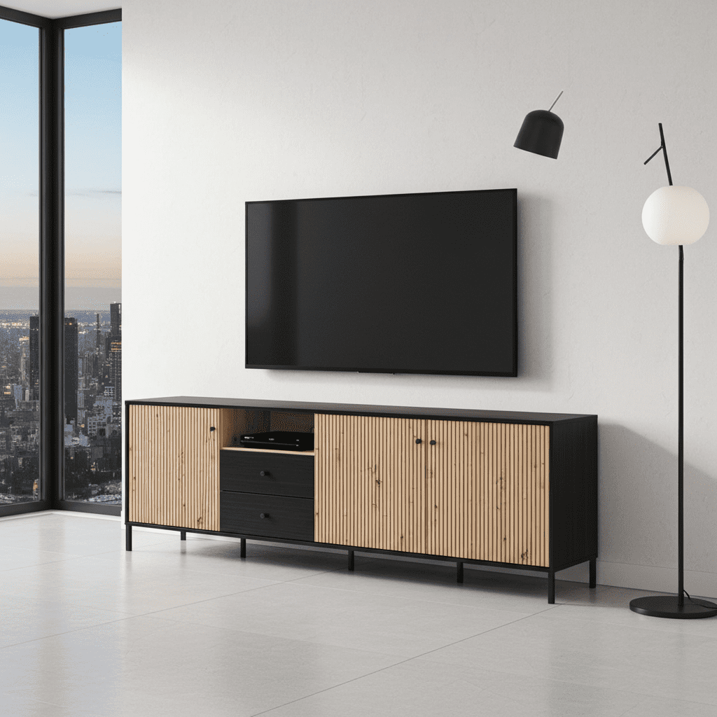 Correze Slatted Artisan Oak Effect And Black Wide TV Unit Cabinet With ...
