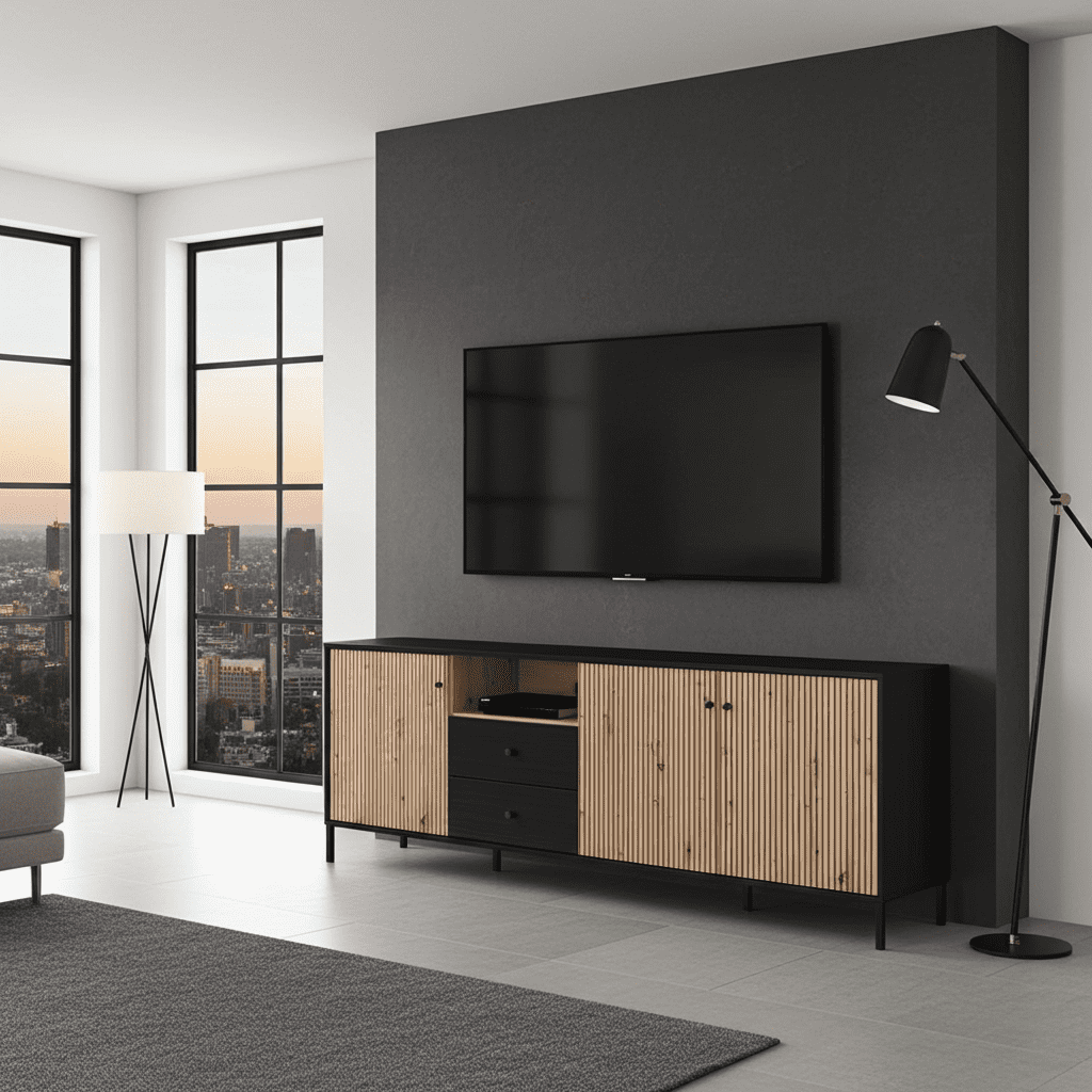 Correze Slatted Artisan Oak Effect And Black Wide TV Unit Cabinet With ...