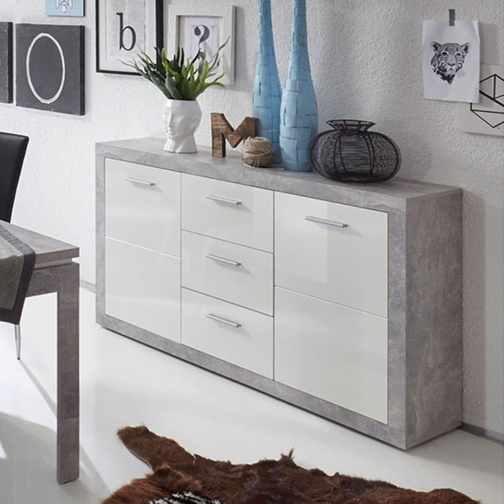Greystone Concrete Grey and White High Gloss Large Sideboard with ...