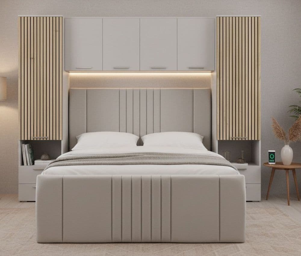Milano Cashmere Taupe and Slat Effect Overbed Unit with Storage Bed SET ...