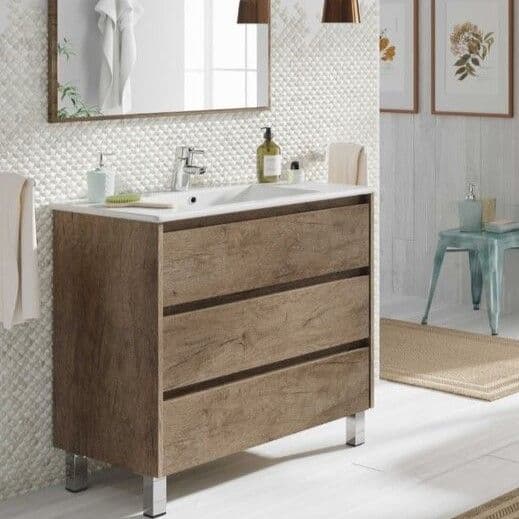 Paco 800mm Nordic Oak Effect 3 Drawer Bathroom Vanity Cabinet with Sink ...