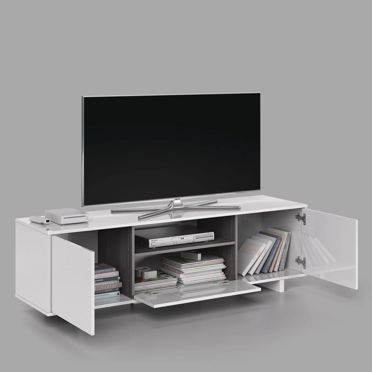 Ruben White Gloss And Grey Wood Effect 3 Door TV Cabinet Entertainment ...