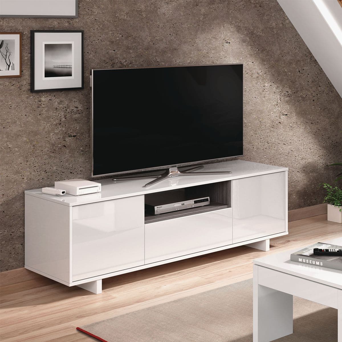 Ruben White Gloss And Grey Wood Effect 3 Door TV Cabinet Entertainment Unit 0G6631BO S O