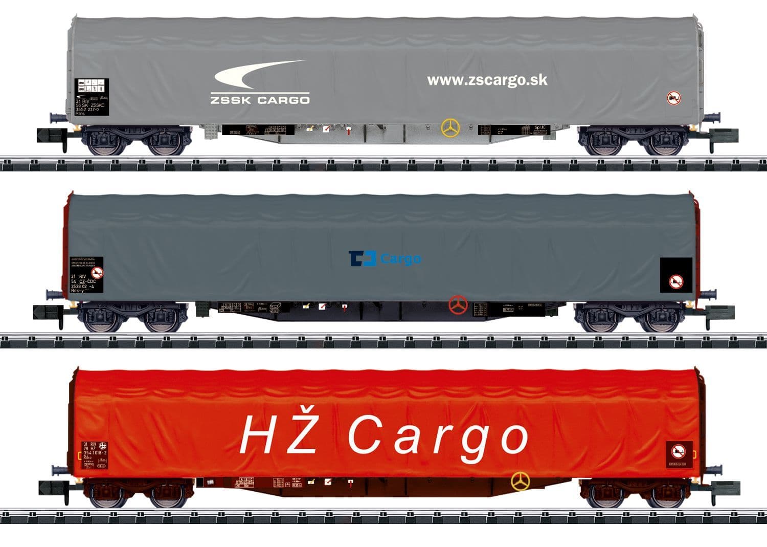 Minitrix 15116 N Gauge HZ/CD/ZSSK Cargo Rilns Tarpaulin Wagon Set 3