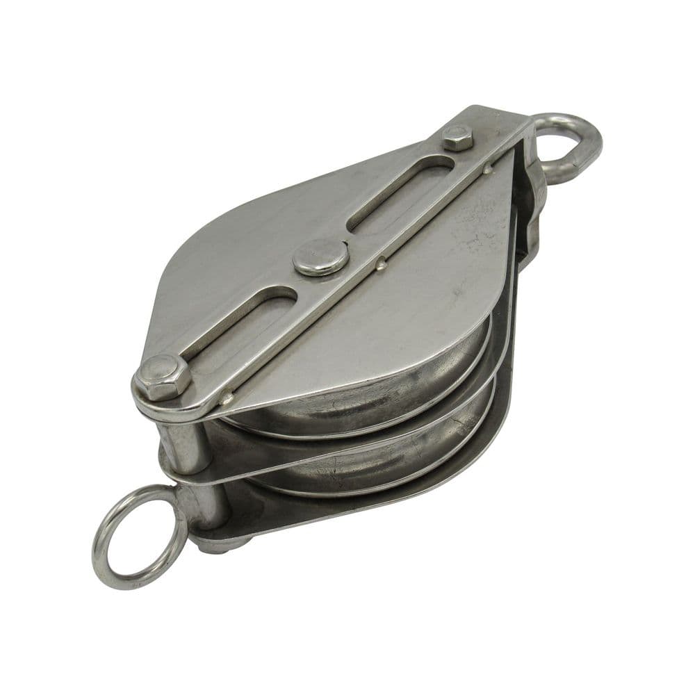 Stainless Steel Double Pulley Block 75MM Wheel Swivel Eye Rope Becket