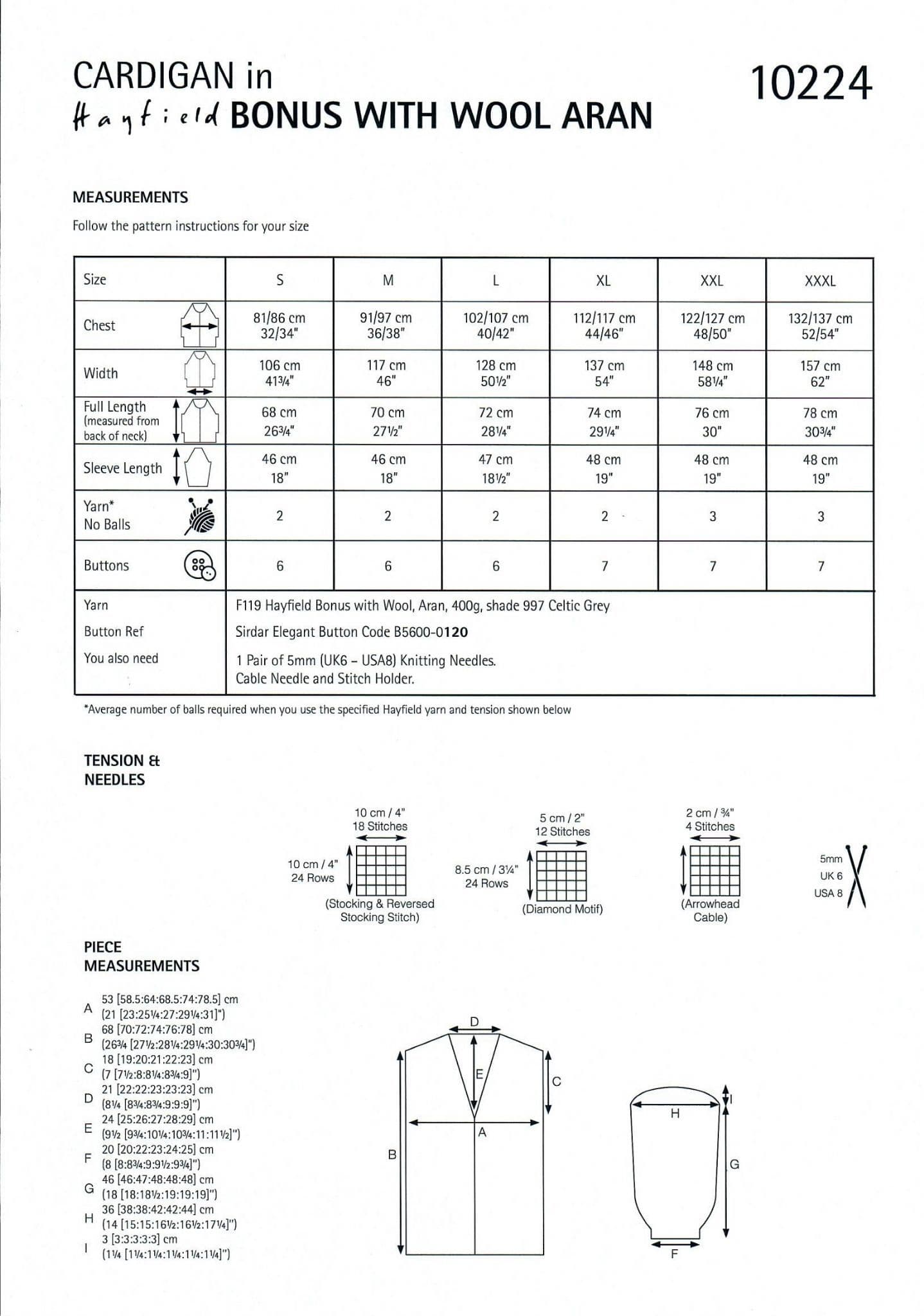 Hayfield Bonus Aran - 10224 Cardigan Knitting Pattern