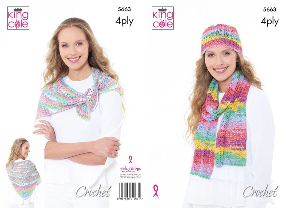 King Cole 4 Ply Crochet Pattern - 5663 Scarf Hat &Triangular Wrap