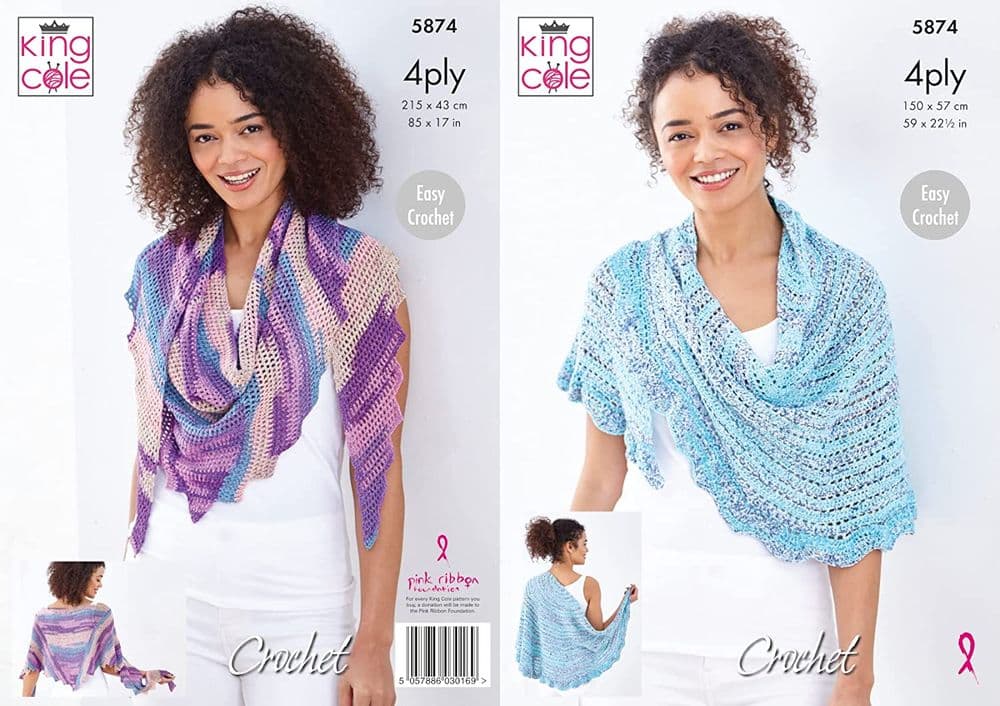 King Cole 4 Ply Crochet Pattern - 5874 Crochet Shawls