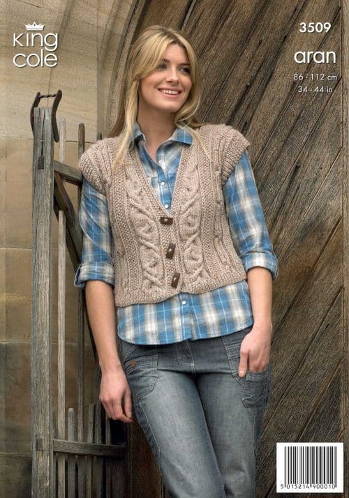 King Cole Aran Knitting Pattern - 3509 Ladies Cardigan & Waistcoat