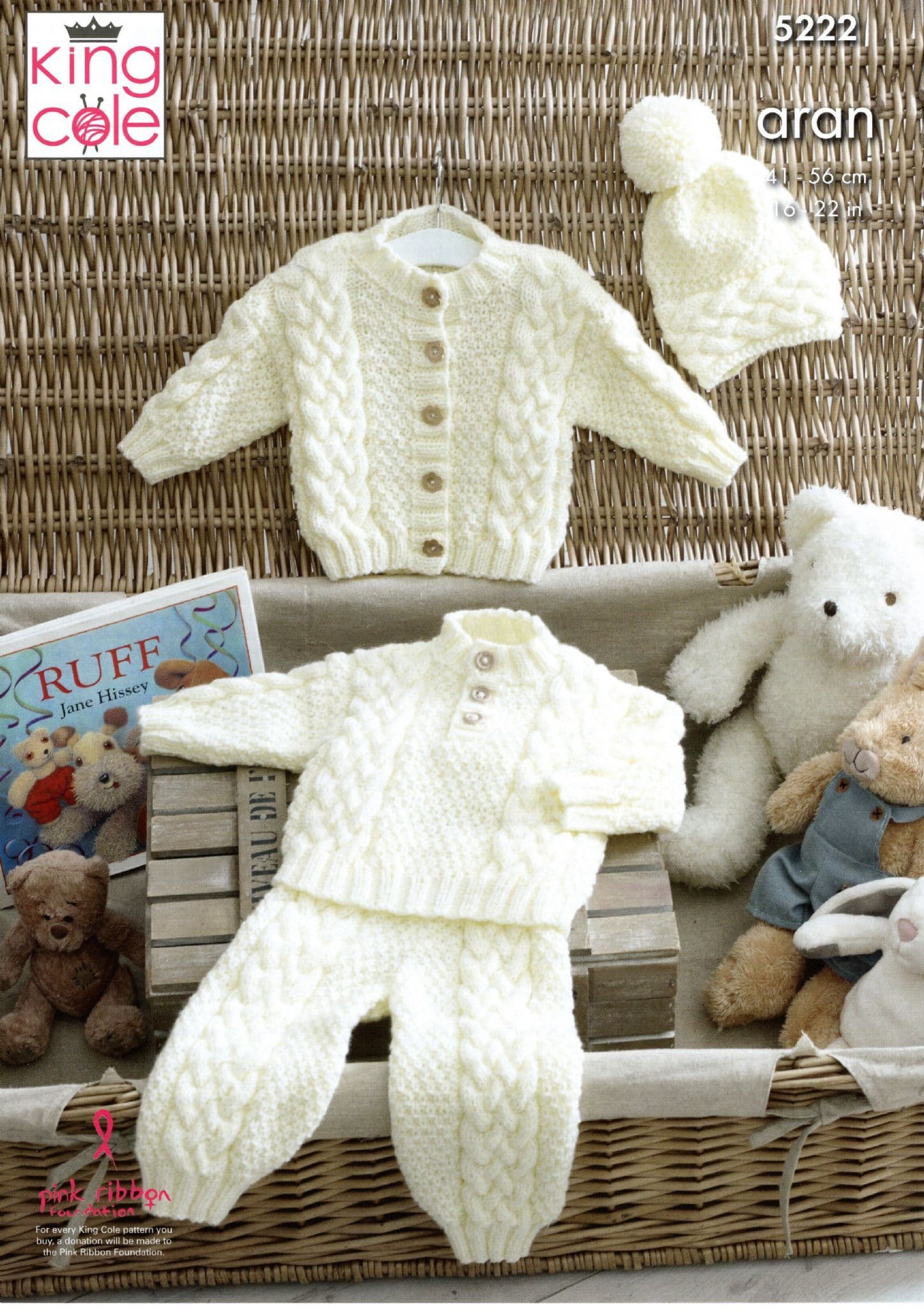 King Cole Aran Knitting Pattern - 5222 Sweater Cardigan Trousers & Hat