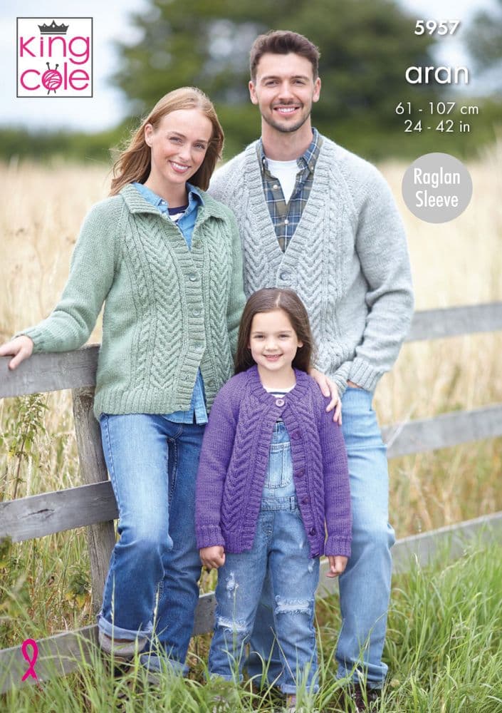 King Cole Aran Knitting Pattern - 5957 Family Cardigans
