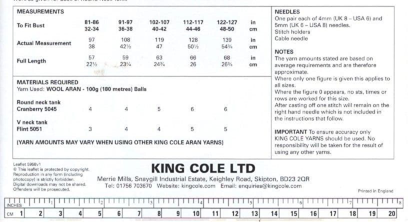 King Cole Aran Knitting Pattern - 5958 Ladies Round and V Neck Tanks