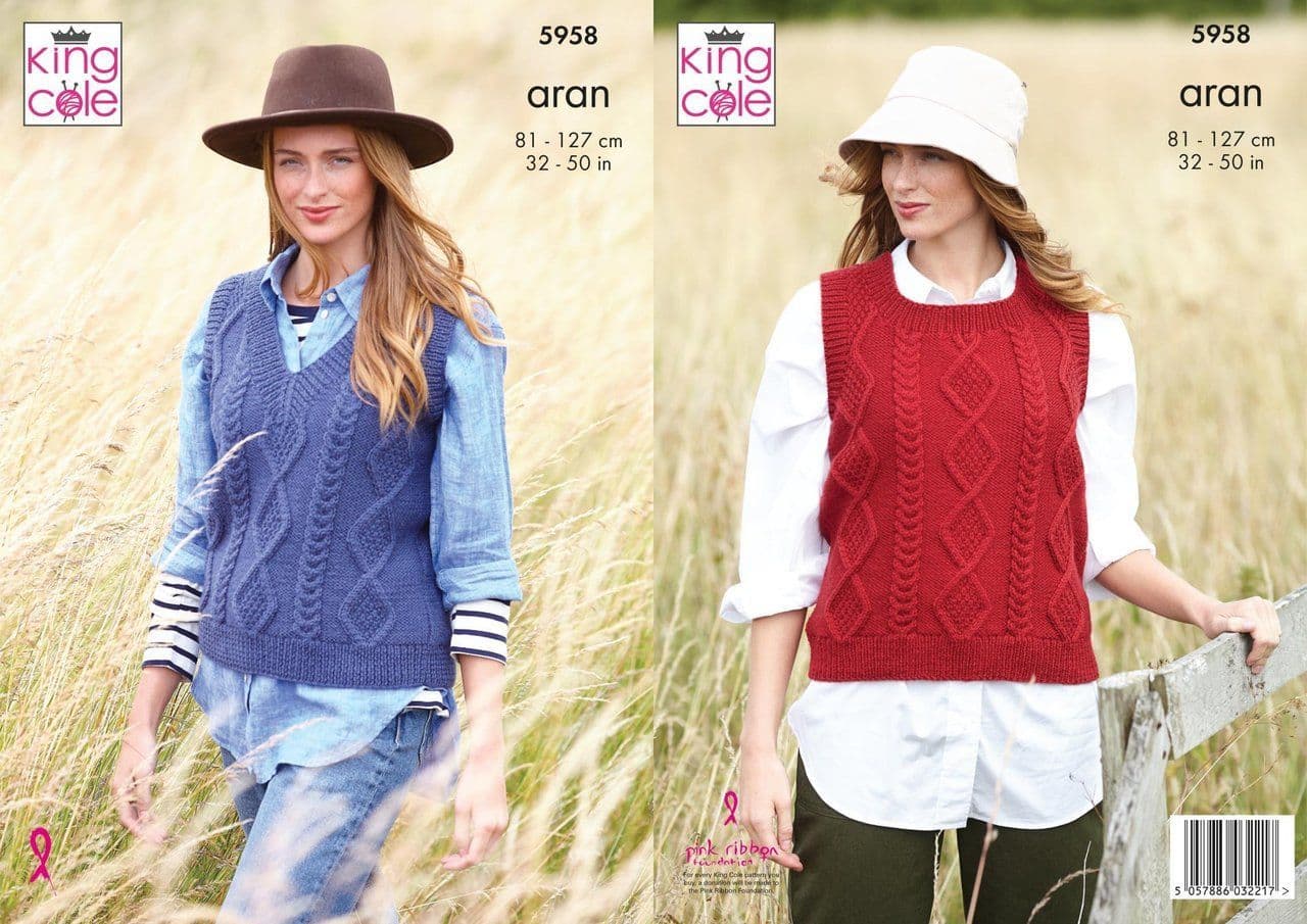 King Cole Aran Knitting Pattern - 5958 Ladies Round and V Neck Tanks