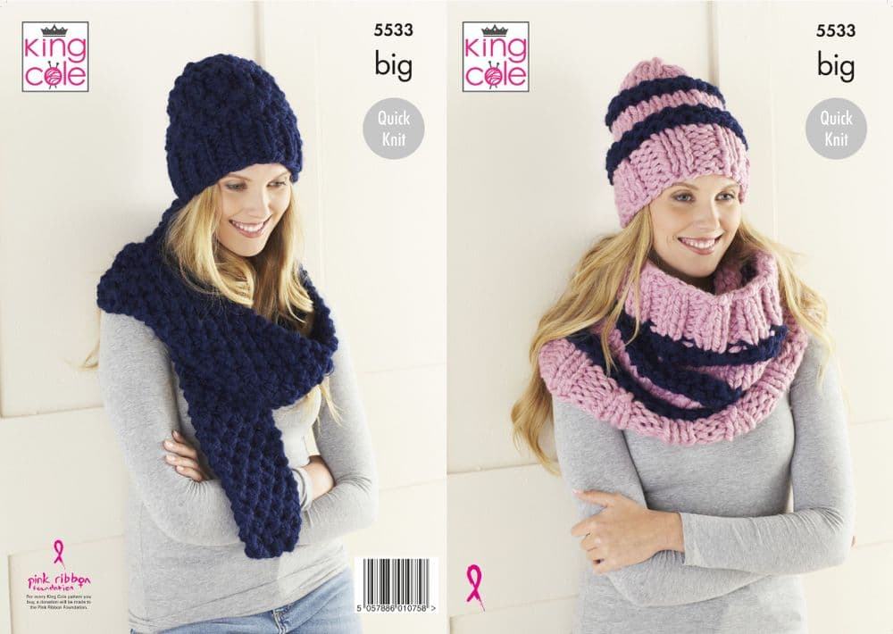 King Cole Big Value Big Knitting Pattern - 5533 Ladies Hats Cowl & Scarf