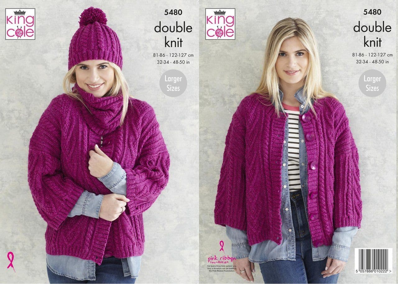 King Cole DK Knitting Pattern - 5480 Ladies Jacket Snood & Hat