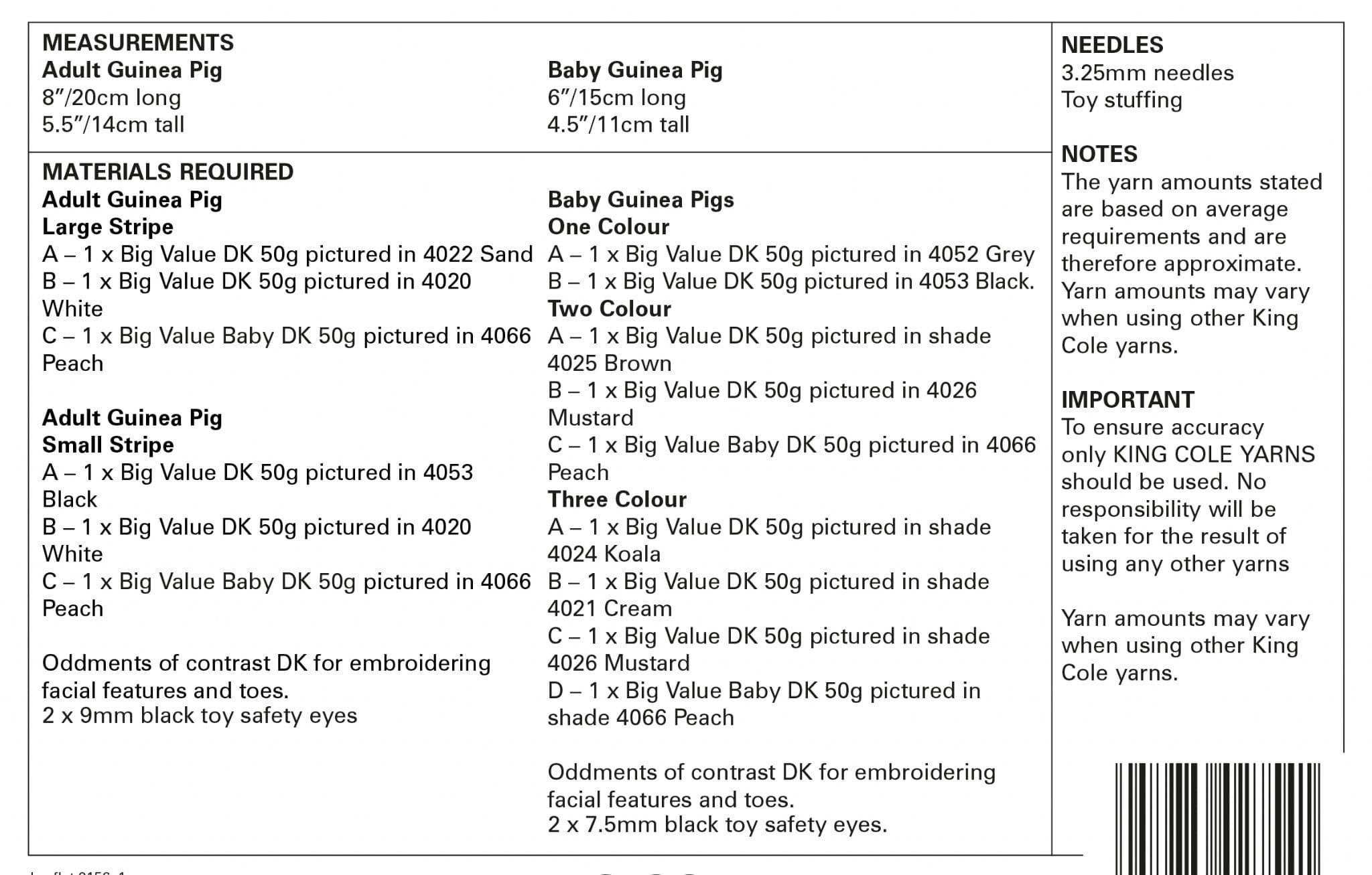 King Cole DK Knitting Patterns - 9156 Toy Guinea Pigs