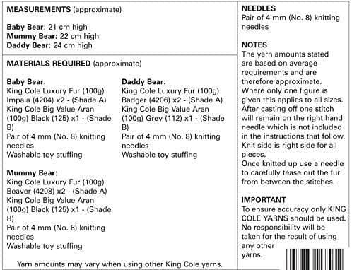 King Cole Luxury Fur Chunky Knitting Pattern - 9120 Luxury Fur Bears