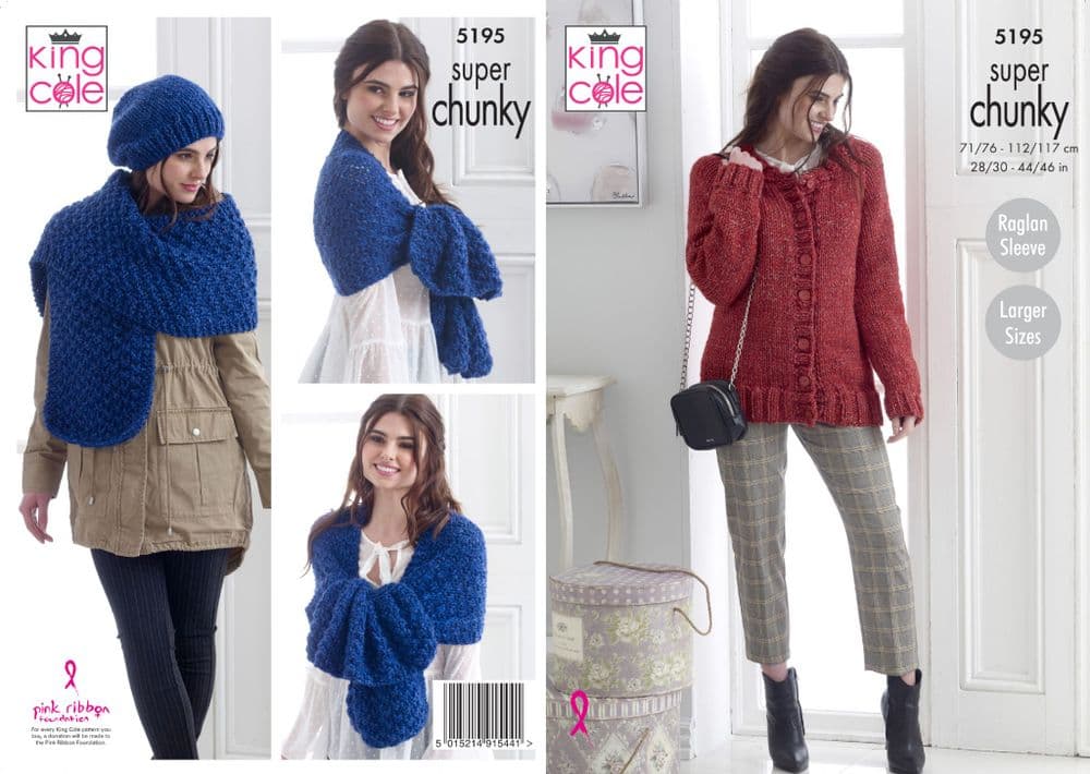 King Cole Super Chunky Knitting Pattern - 5195 Cardigan Wrap Scarf & Hat