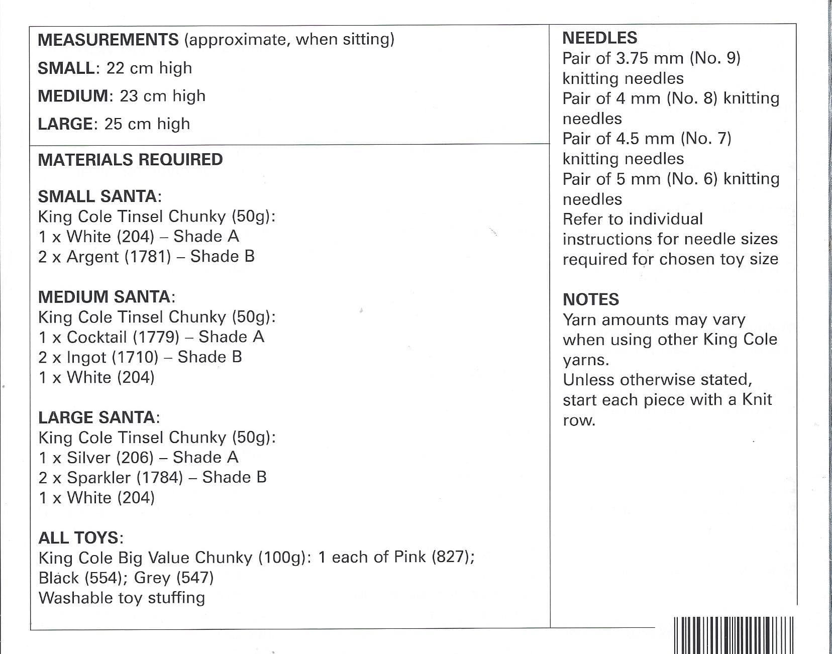 King Cole Tinsel Chunky - 9031 Tinsel Santas Knitting Pattern