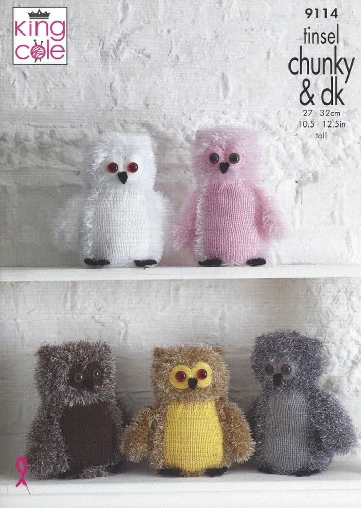King Cole Tinsel Chunky - 9114 Owls two sizes Knitting Pattern