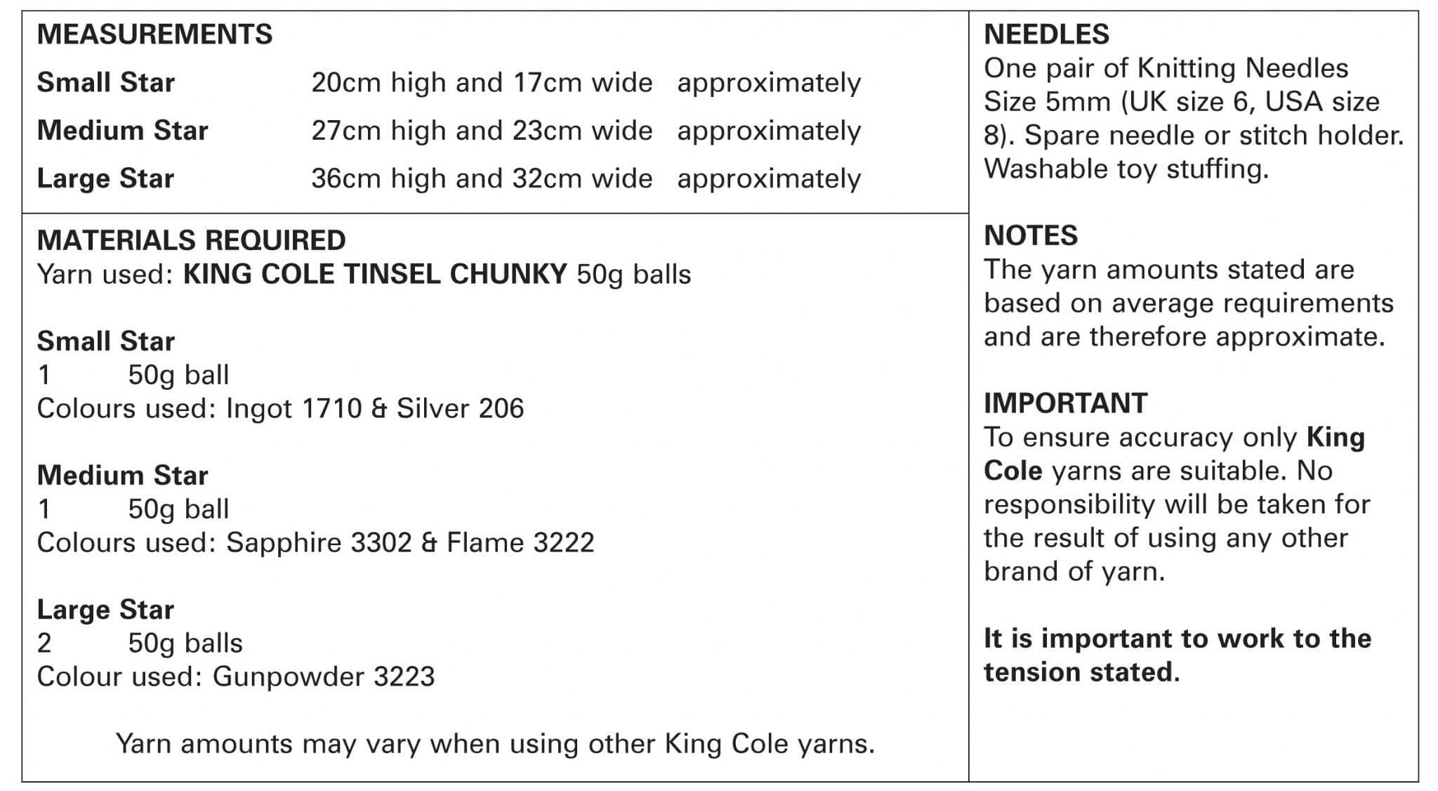 King Cole Tinsel Chunky Knitting Pattern - 9106 Tinsel Stars