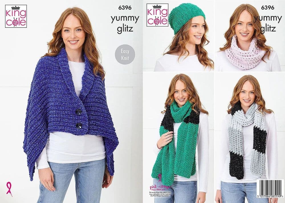 King Cole Yummy Knitting Pattern - 6396 Ladies Scarves Cowl Shrug Wrap ...
