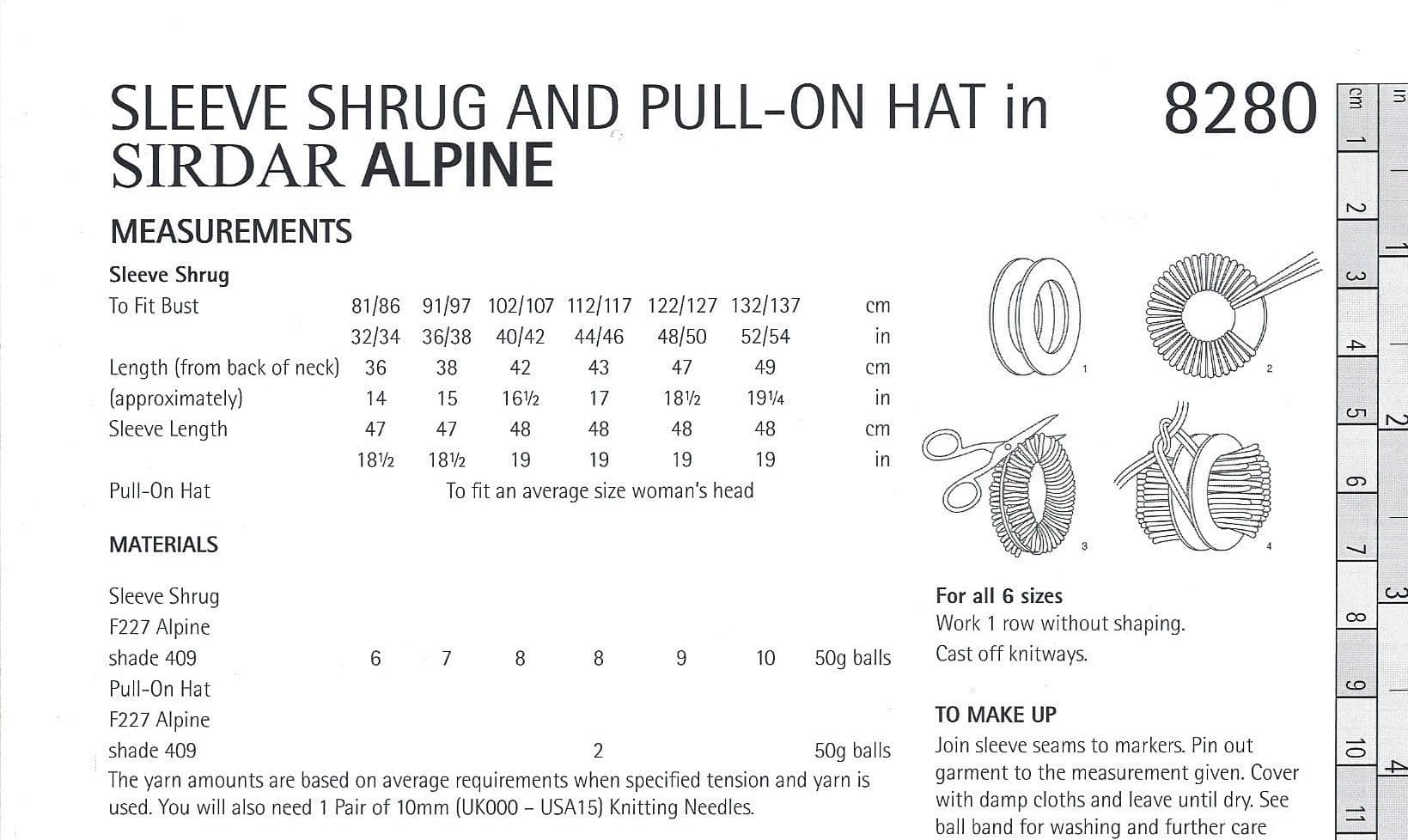 Sirdar Alpine Knitting Pattern - 8280 Sleeve Shrug and Pull on Hat