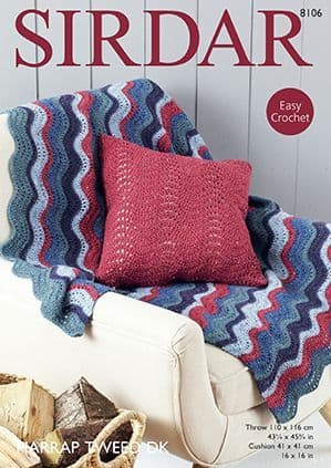 Sirdar Harrap Tweed DK - 8106 Throw and Cushion Cover Crochet Pattern
