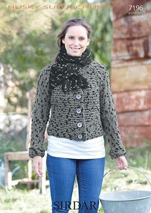 Sirdar Husky Super Chunky - 7196 Scarf and Jacket Knitting Pattern