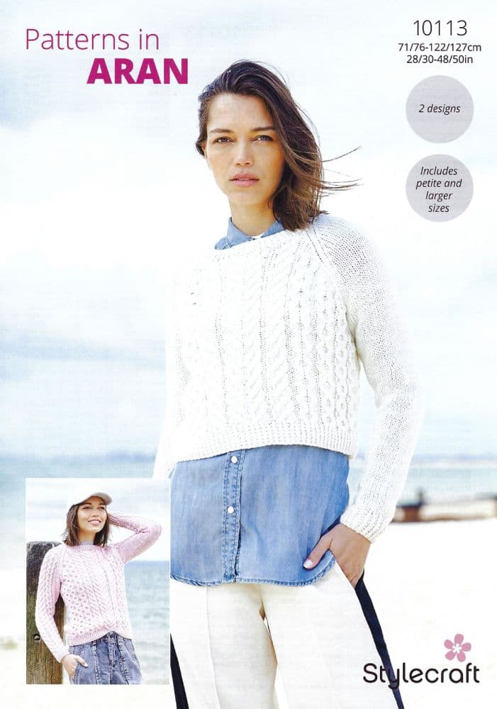 Stylecraft Aran Knitting Pattern - 10113 Ladies Cabled Sweaters 2 Designs