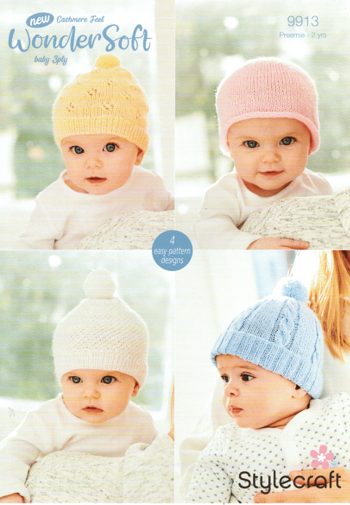 Stylecraft Baby 3 Ply Knitting Pattern - 9913 Hats 4 Easy Pattern Designs
