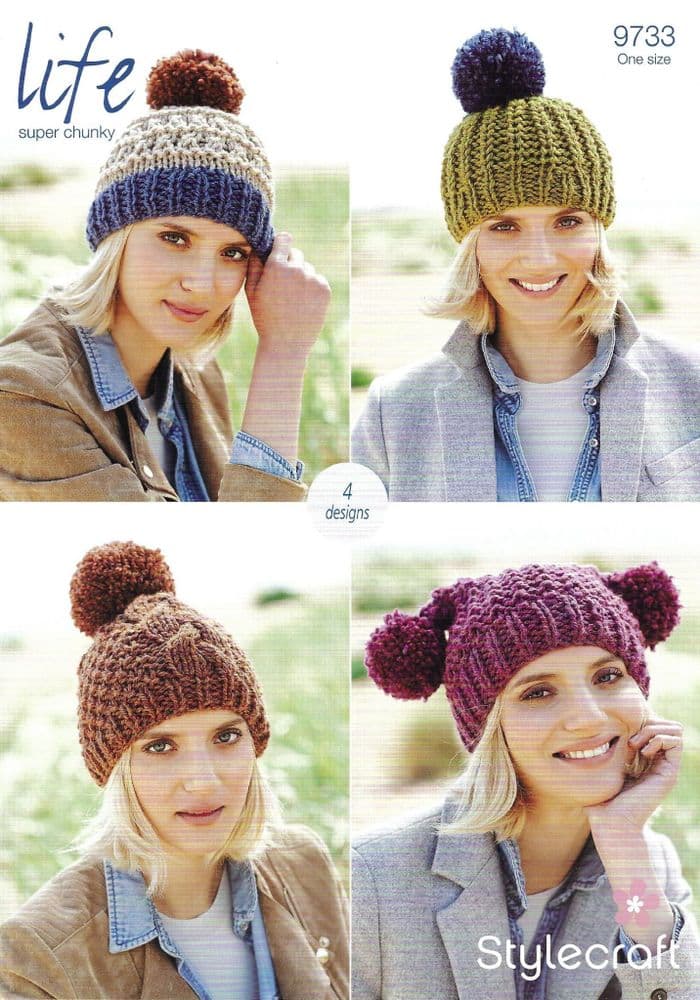 Stylecraft Super Chunky Knitting Pattern - 9733 Ladies Hats 4 Designs