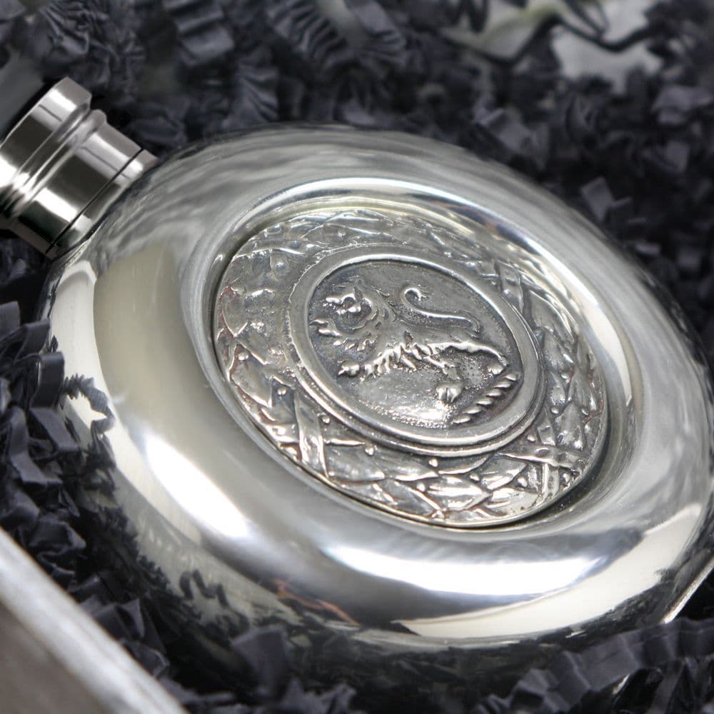 Circular Scottish Lion 6oz Pewter Hip Flask | The Sign Maker Shop