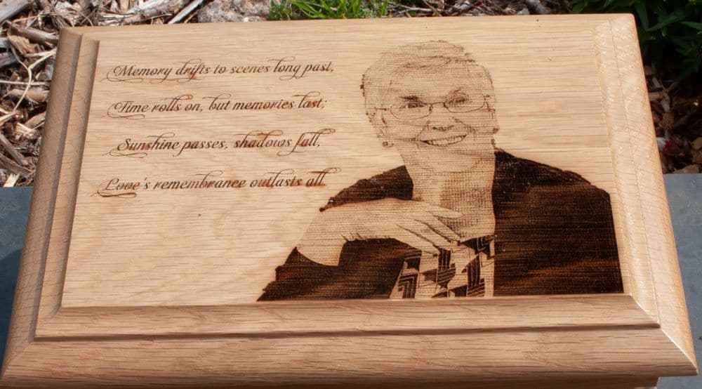 Oak Casket-Pillar Corners-Engraved Top | The Sign Maker Shop