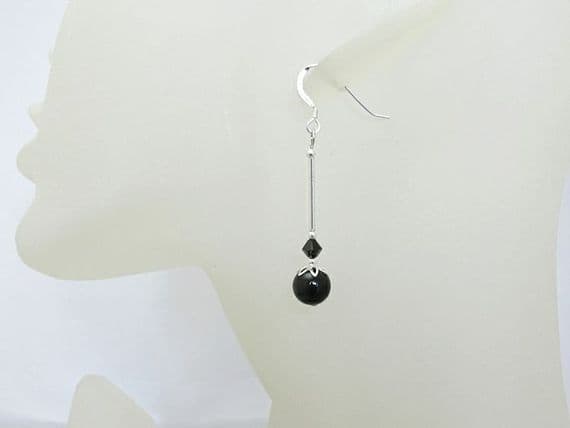 Black Onyx, Crystals & Sterling Silver Long Drop Earrings | Silver ...