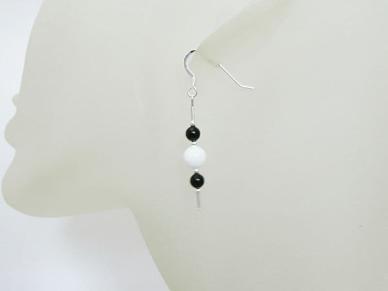 Black Onyx & Snow White Jade Sterling Silver Earrings | Silver Sensations