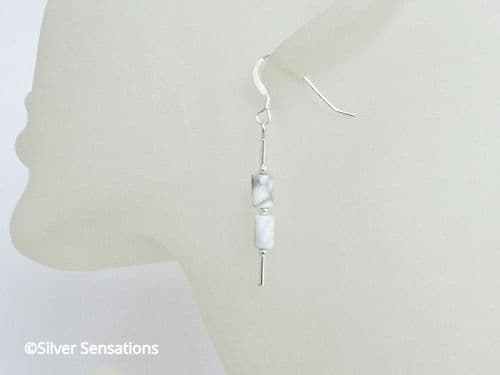Dainty White & Pastel Grey Howlite Earrings With Sterling Silver Tubes ...
