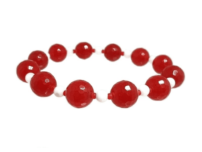 Faceted Red Jade & Snow White Jade Beaded Fashion Bracelet | Silver ...