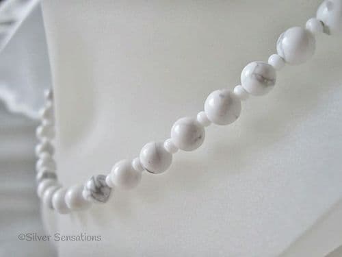 White & Pastel Grey Turquoise (Howlite) Round Bead Necklace | Silver ...