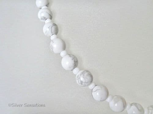 White & Pastel Grey Turquoise (Howlite) Round Bead Necklace | Silver ...