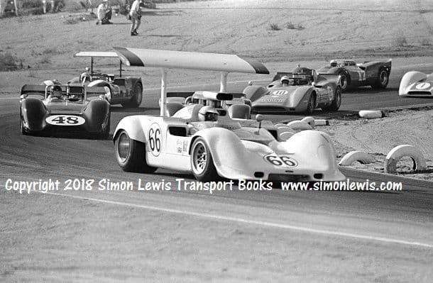 Chaparral 2G Jim Hall leads Gurney etc Photo Riverside Can Am 1968