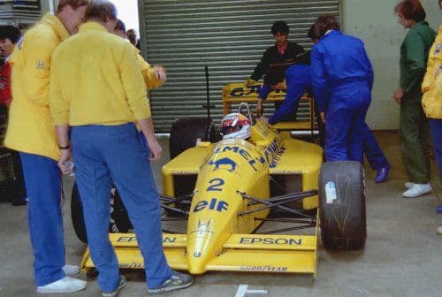 Lotus 100T Honda Nakajima in pit 1988 Silverstone test