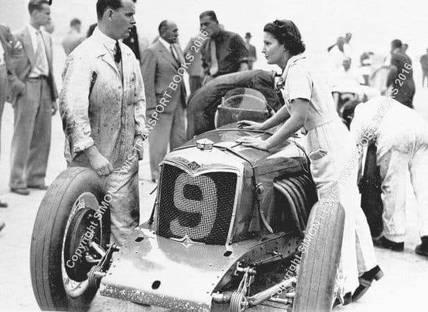 Riley Six with Mrs Kay Petre in Brooklands paddock 1936 BRDC 500