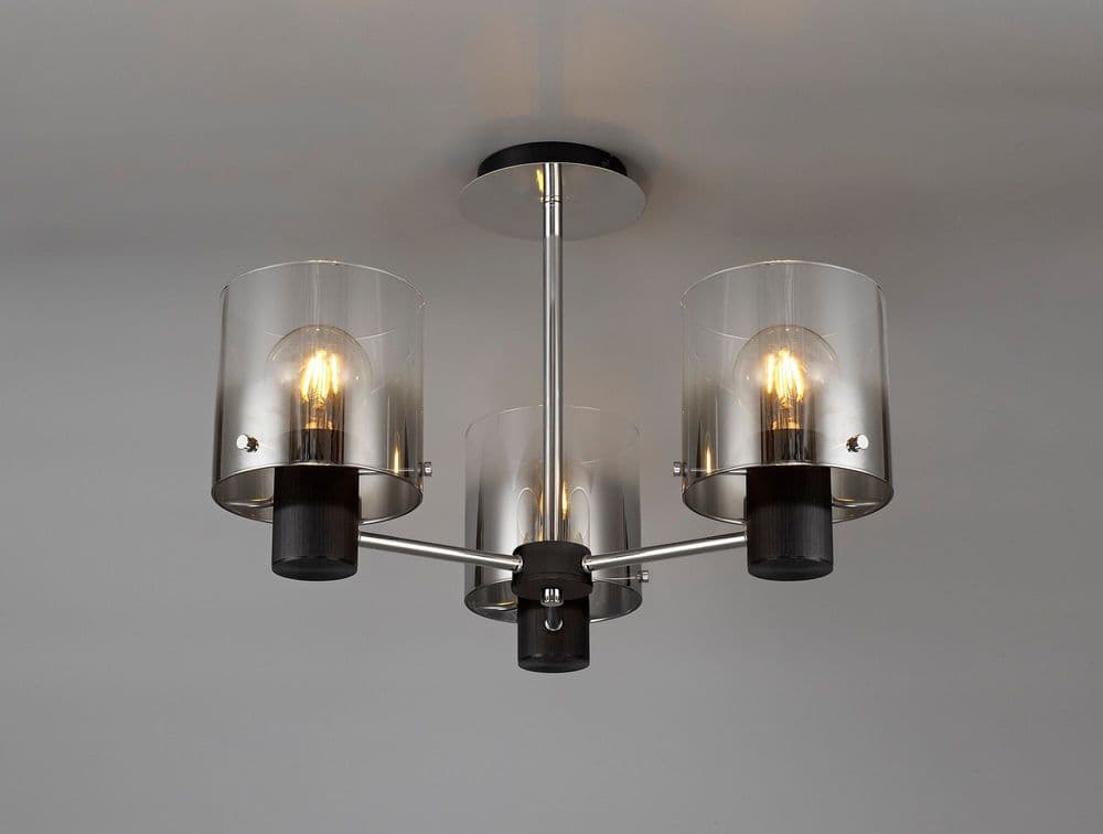Boreray 3 Light Fitting in Black/Black Chrome with Faded Smoked Glass ...