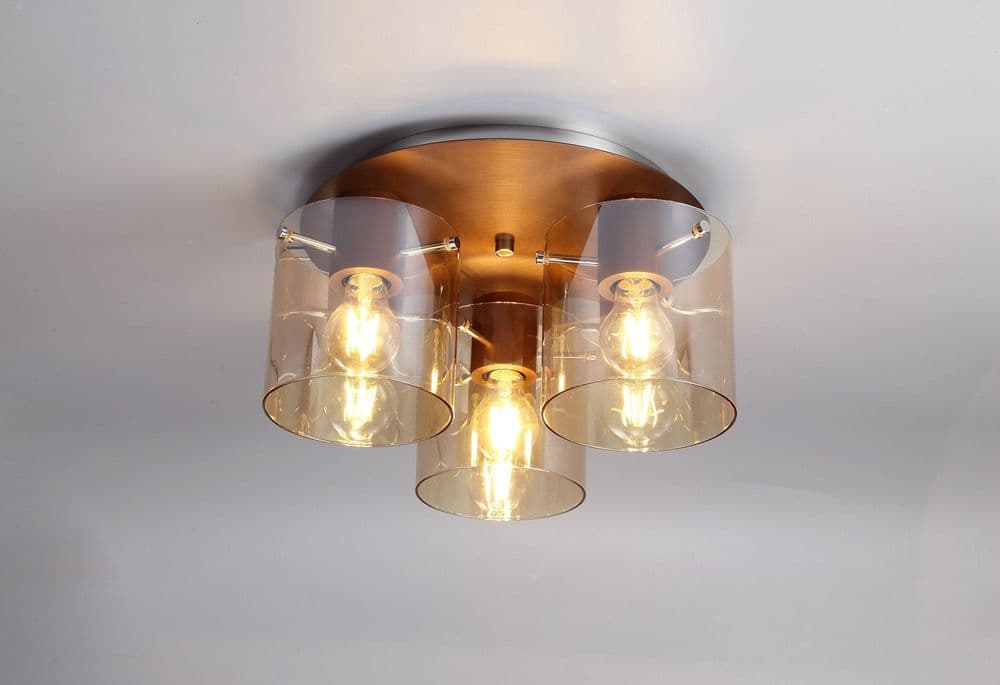 Boreray 3 Light Flush Fitting in a Mocha Finish with Faded Amber Glass ...