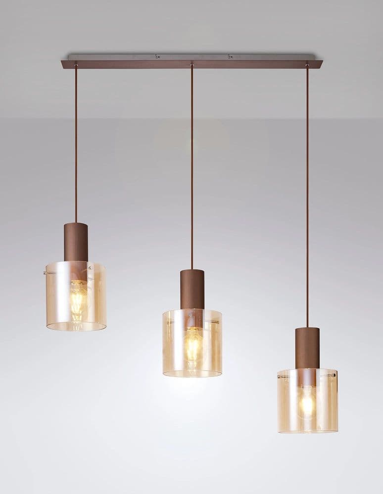 Boreray 3 Light Pendant Bar in a Mocha Finish with Faded Amber Glass Shades