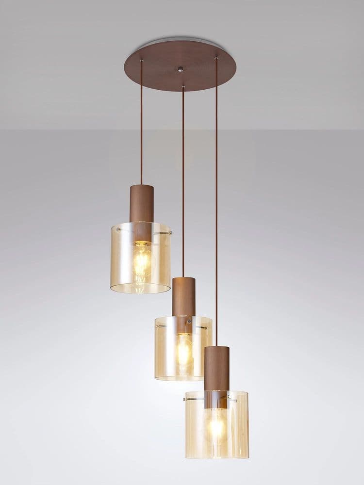 Boreray 3 Light Pendant Round in a Mocha Finish with Faded Amber Glass ...