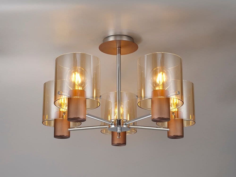 Boreray 5 Light Fitting in a Mocha Finish with Faded Amber Glass Shades