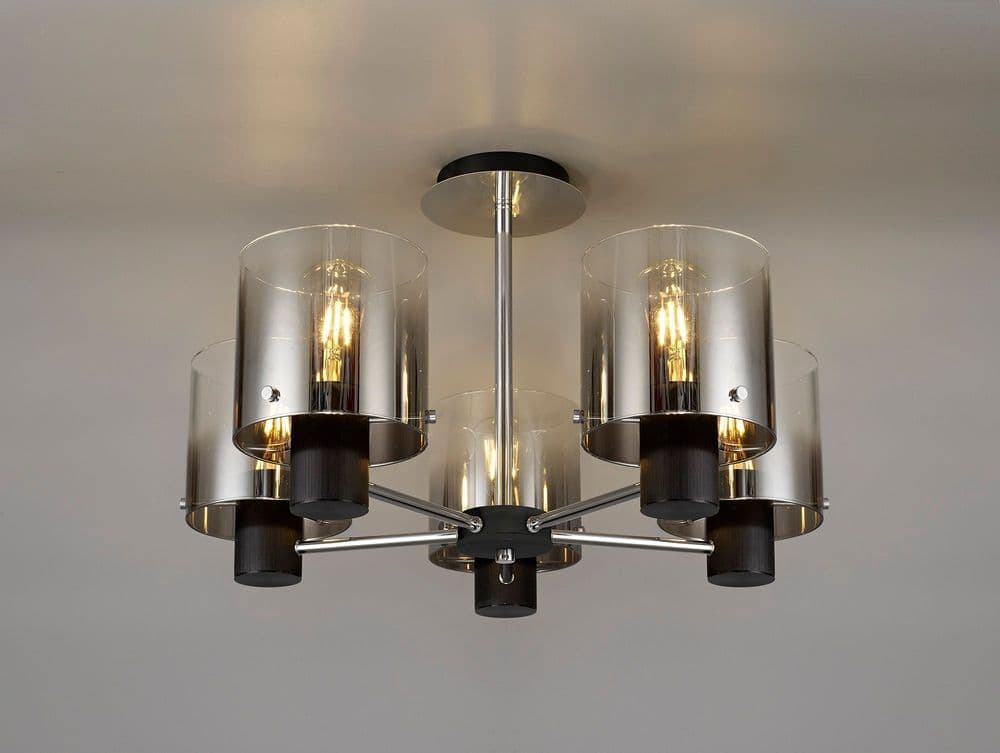 Boreray 5 Light Fitting in Black/Black Chrome with Faded Smoked Glass ...